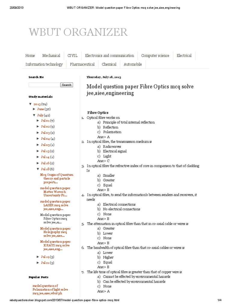 WBUT ORGANIZER - Model Question Paper Fibre Optics MCQ Solve Jee, Aiee ...