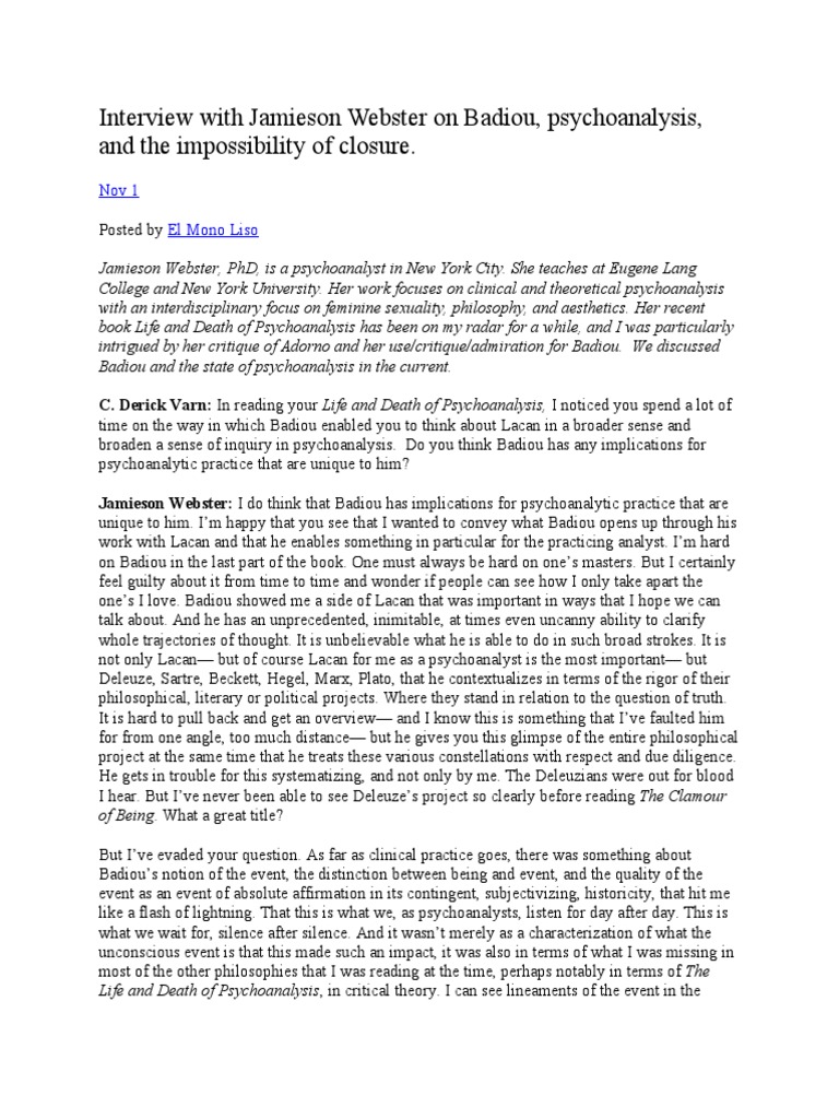 Interview With Jamieson Webster On Badiou | PDF | Psychoanalysis ...