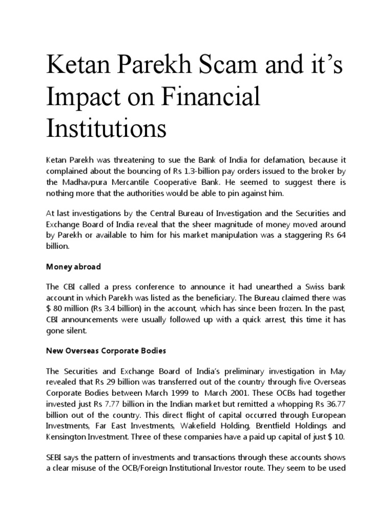 Ketan Parekh Scam and It's Impact On Financial Institutions | PDF ...