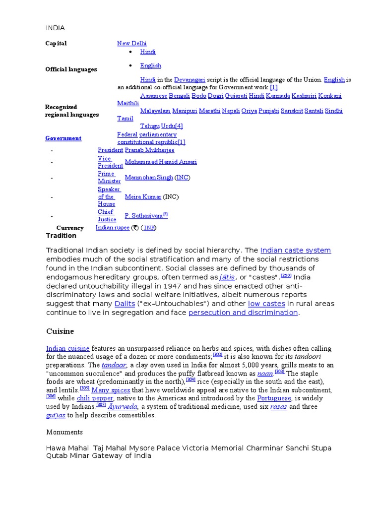 INDIA - Capital New Delhi, Official Languages Hindi & English | PDF ...