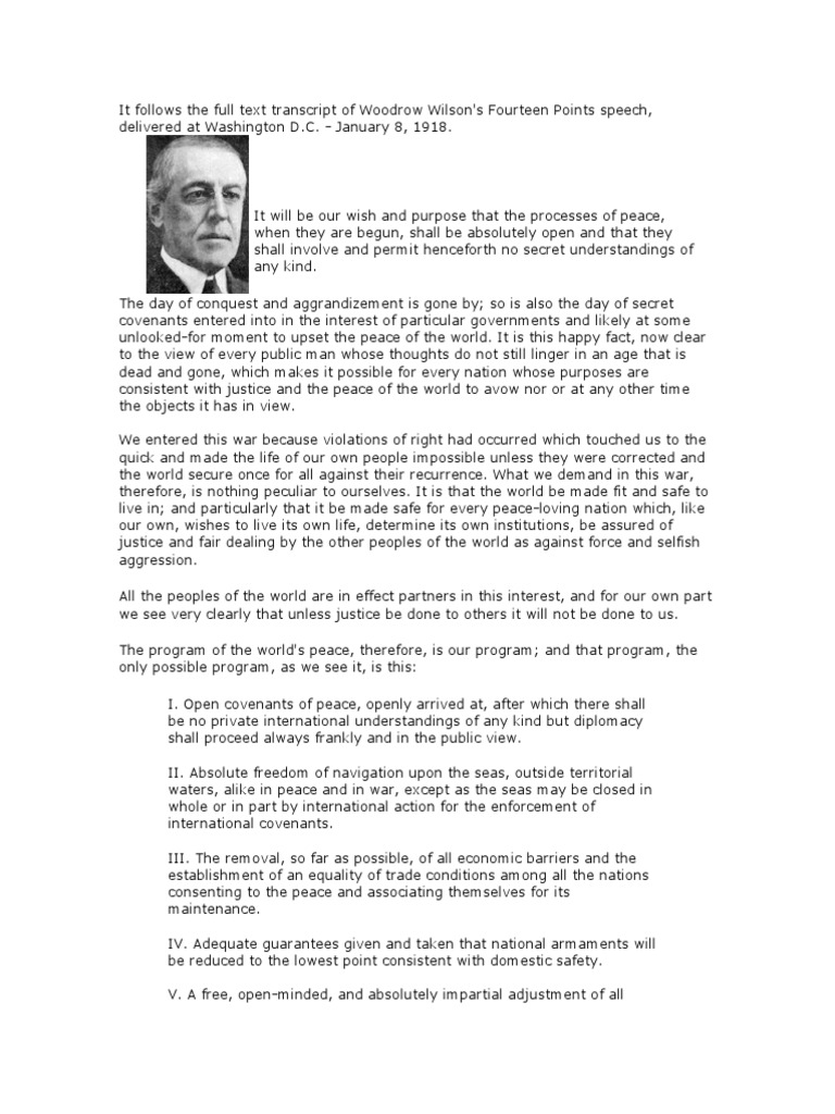 Woodrow Wilson 14 Points | PDF | Muhammad Ali Jinnah | Ottoman Empire