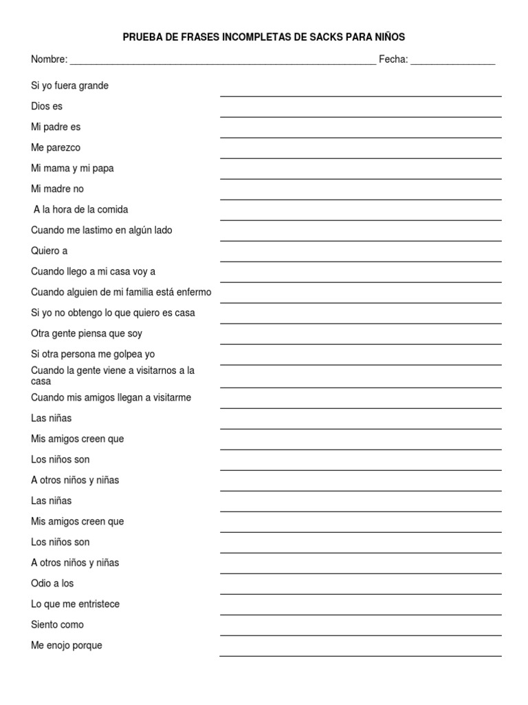 PRUEBA DE FRASES INCOMPLETAS DE SACKS PARA NIÑOS