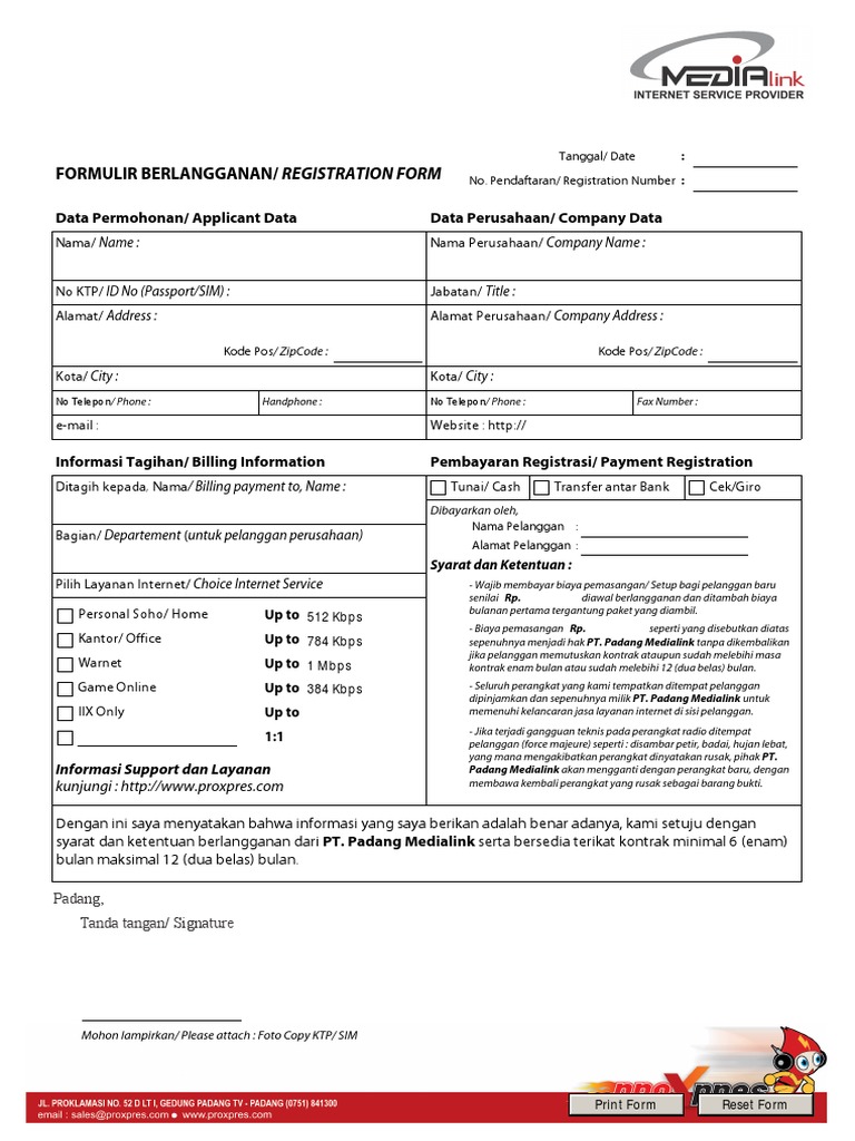 Formulir Pendaftaran Internet Padang | PDF
