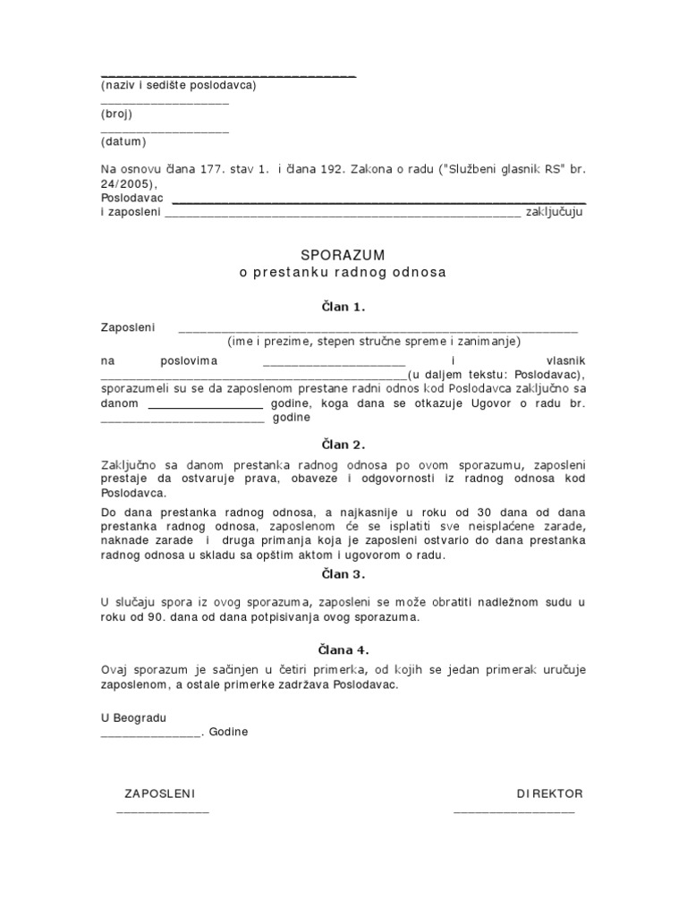 Sporazum o Prestanku Radnog Odnosa | PDF