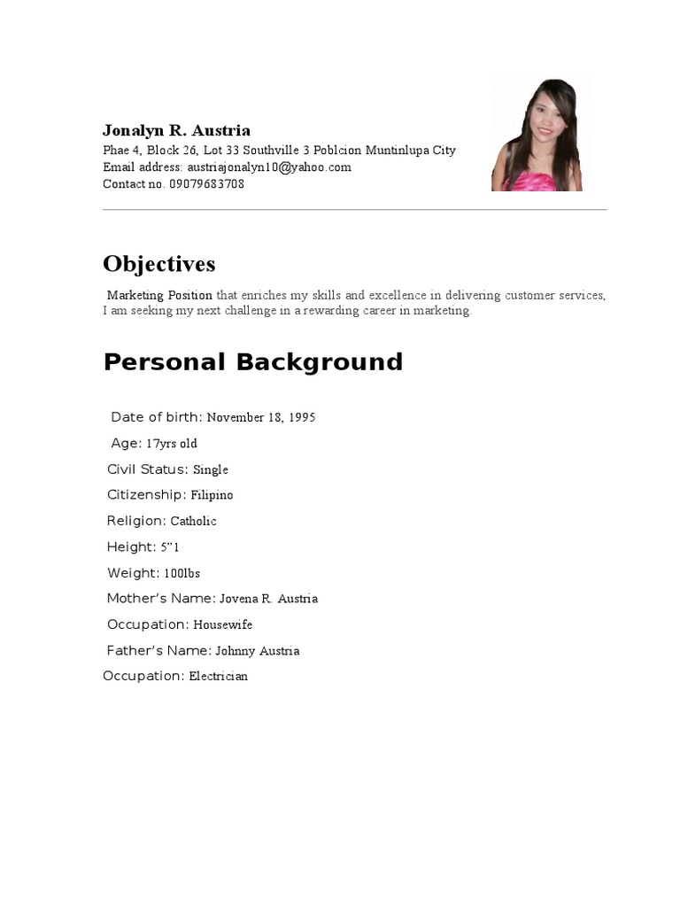 Marketing Resume of Jonalyn R. Austria | PDF | Social Science | Self ...