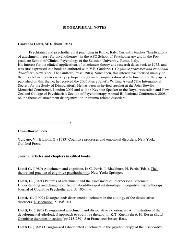 Giovanni Liotti Biography | PDF | Dissociation (Psychology) | Psychotherapy