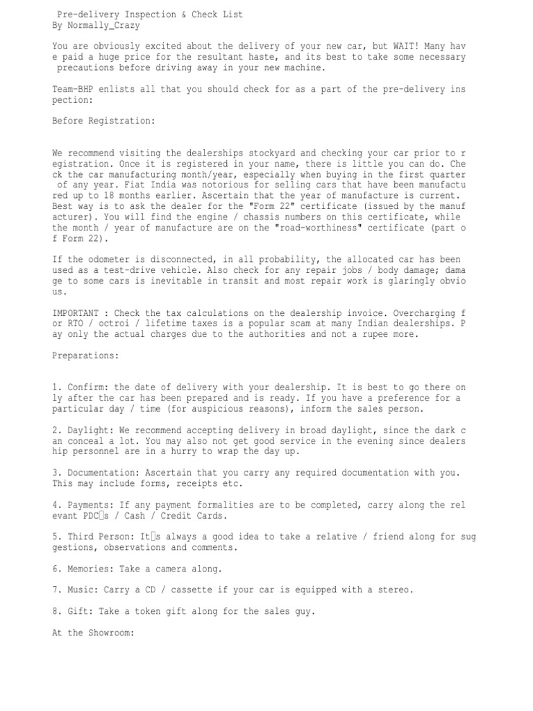 Car Delivery Checklist. | PDF | Receipt | Car