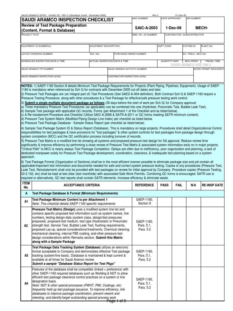 Saudi Aramco Inspection Checklist | PDF | Specification (Technical ...
