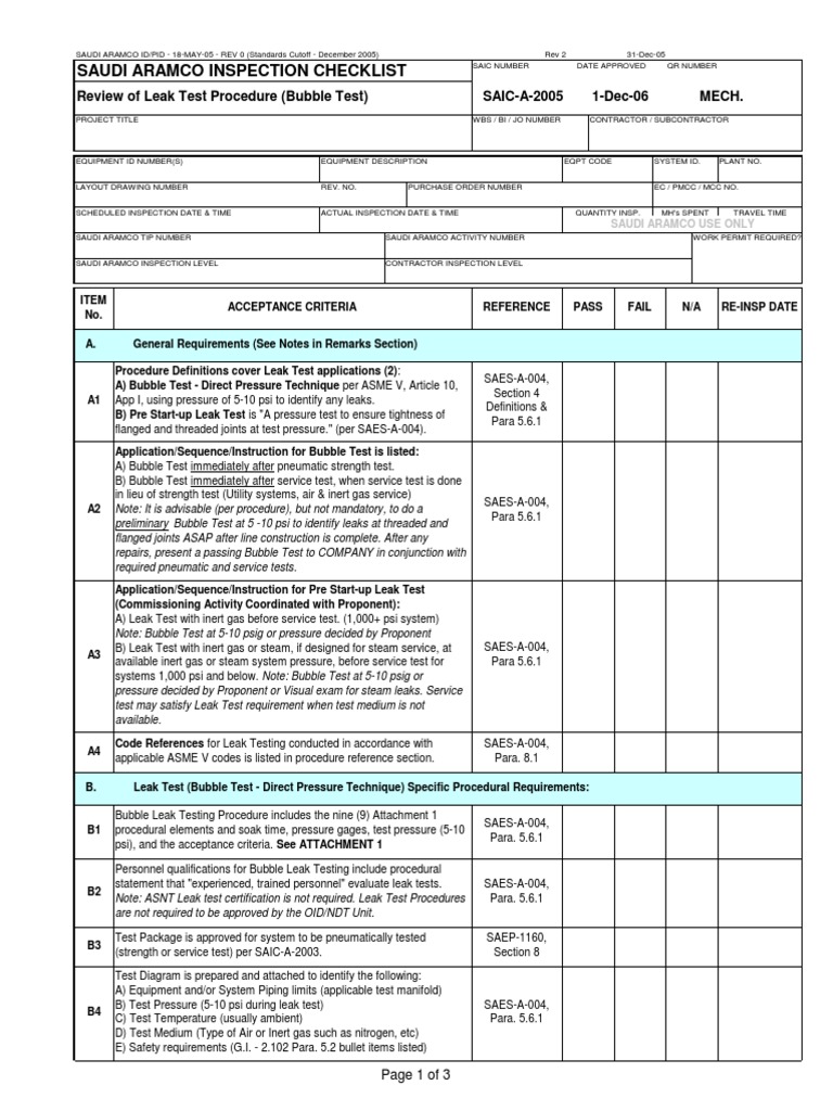 Saudi Aramco Inspection Checklist: 1-Dec-06 Mech. Review of Leak Test ...