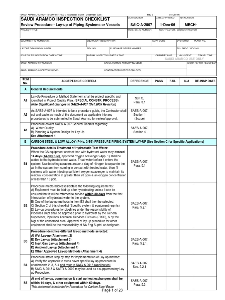 Saudi Aramco Inspection Checklist: Mech-Review Procedure - Lay-Up of ...