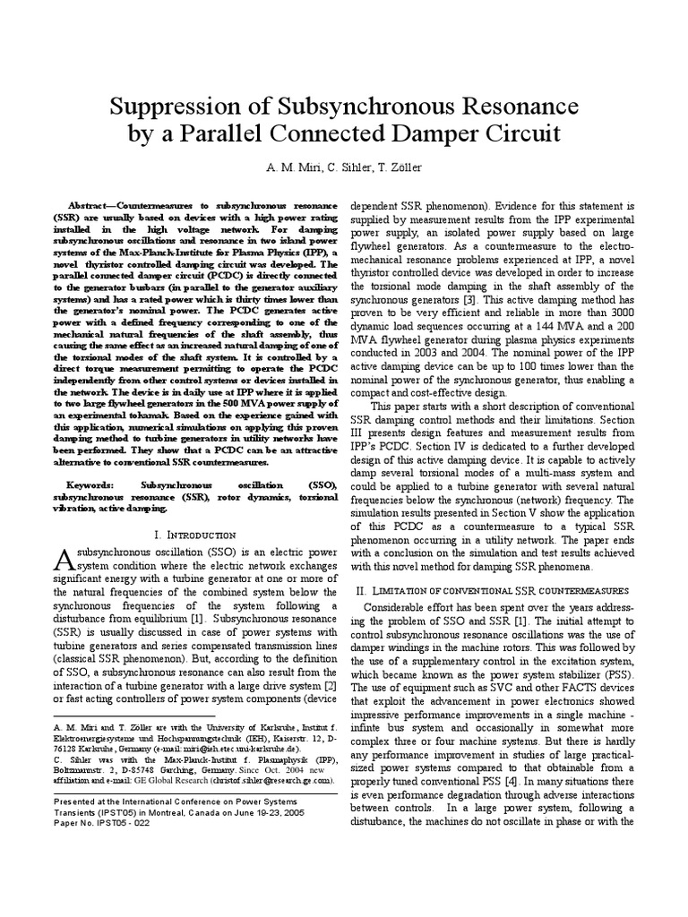 Suppression of Subsynchronous Resonance by A Parallel Connected Damper Circuit | PDF | Resonance ...
