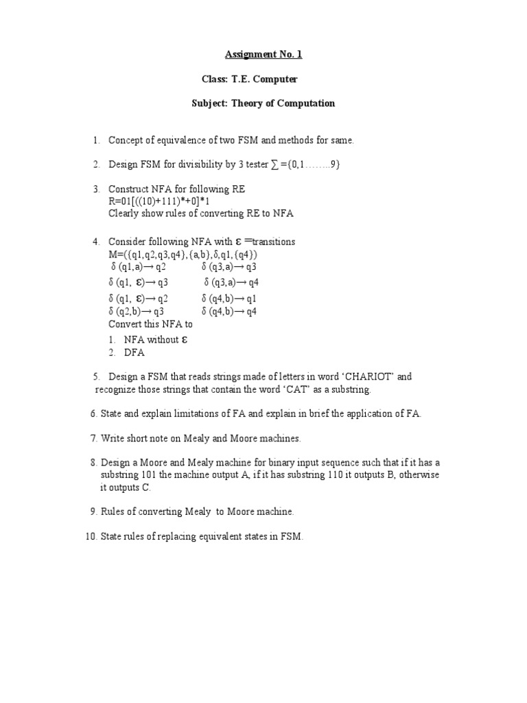 Assignment No. 1 Class: T.E. Computer Subject: Theory of Computation ... Assignment No. 1 Class: T.E. Computer Subject: Theory of Computation ...