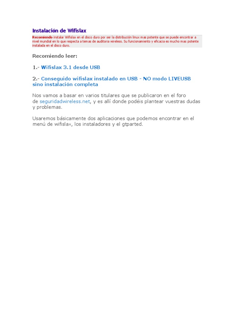 Guía de Instalación de Wifislax | PDF | Memoria USB | Equipo de oficina