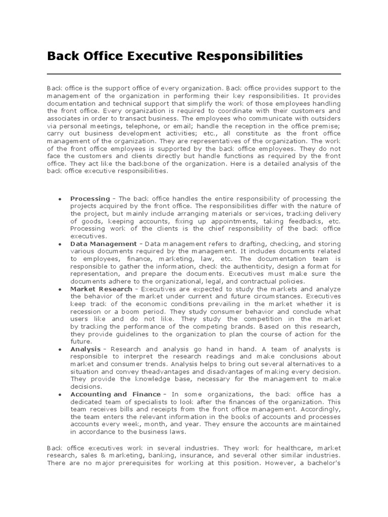 Back Office Executive Responsibilities | PDF | Human Resources | Human ...