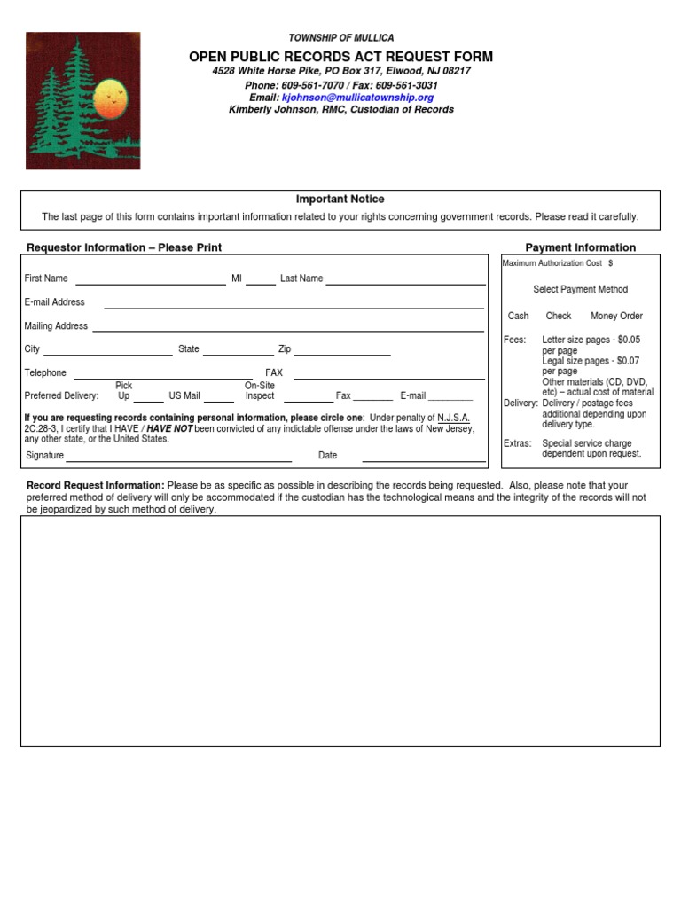Mullica Township OPRA Request Form | PDF | Discovery (Law) | Computer ...