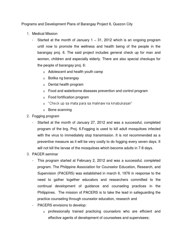 Programs and Development Plans of Barangay Project 6 | PDF | Prosecutor ...