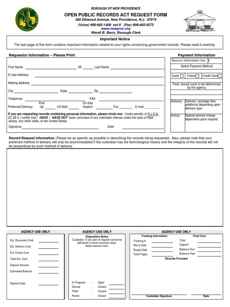 New Providence OPRA Request Form | Download Free PDF | Discovery (Law ...