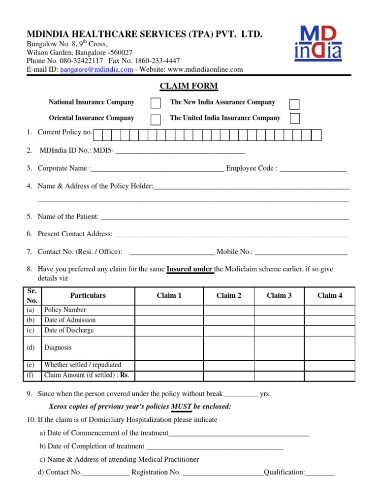 Mdindia Healthcare Services (Tpa) Pvt. LTD.: Claim Form | PDF ...