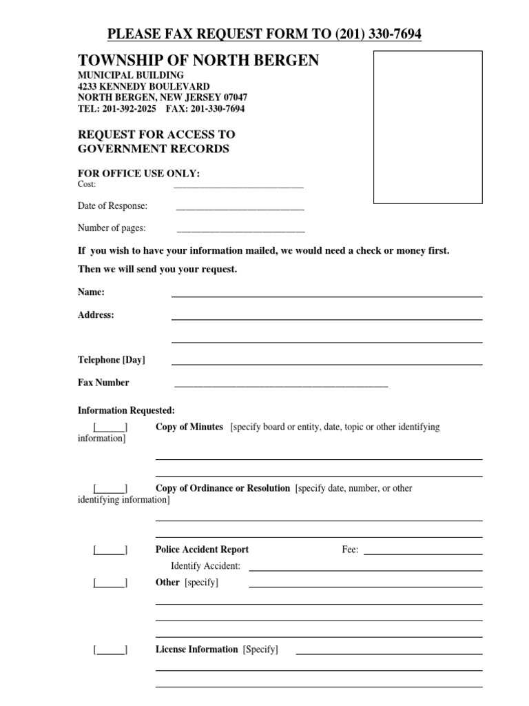 North Bergen OPRA Request Form | PDF | Fee | Overtime