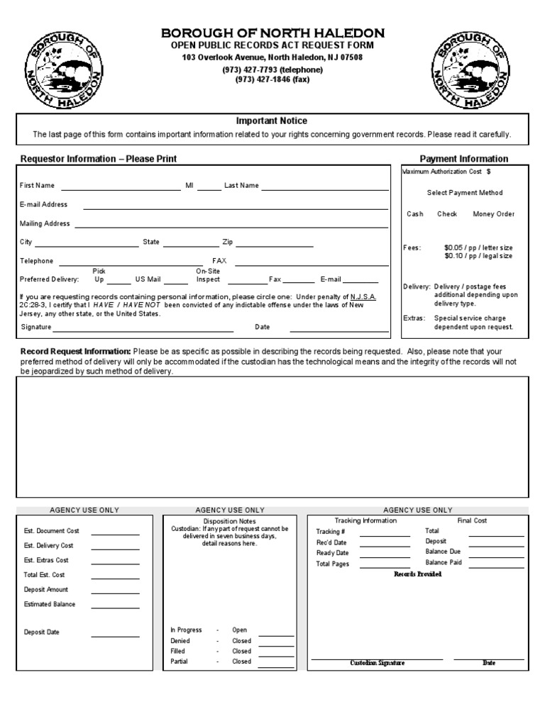 North Haledon OPRA Request Form | PDF | Discovery (Law) | Computer Security