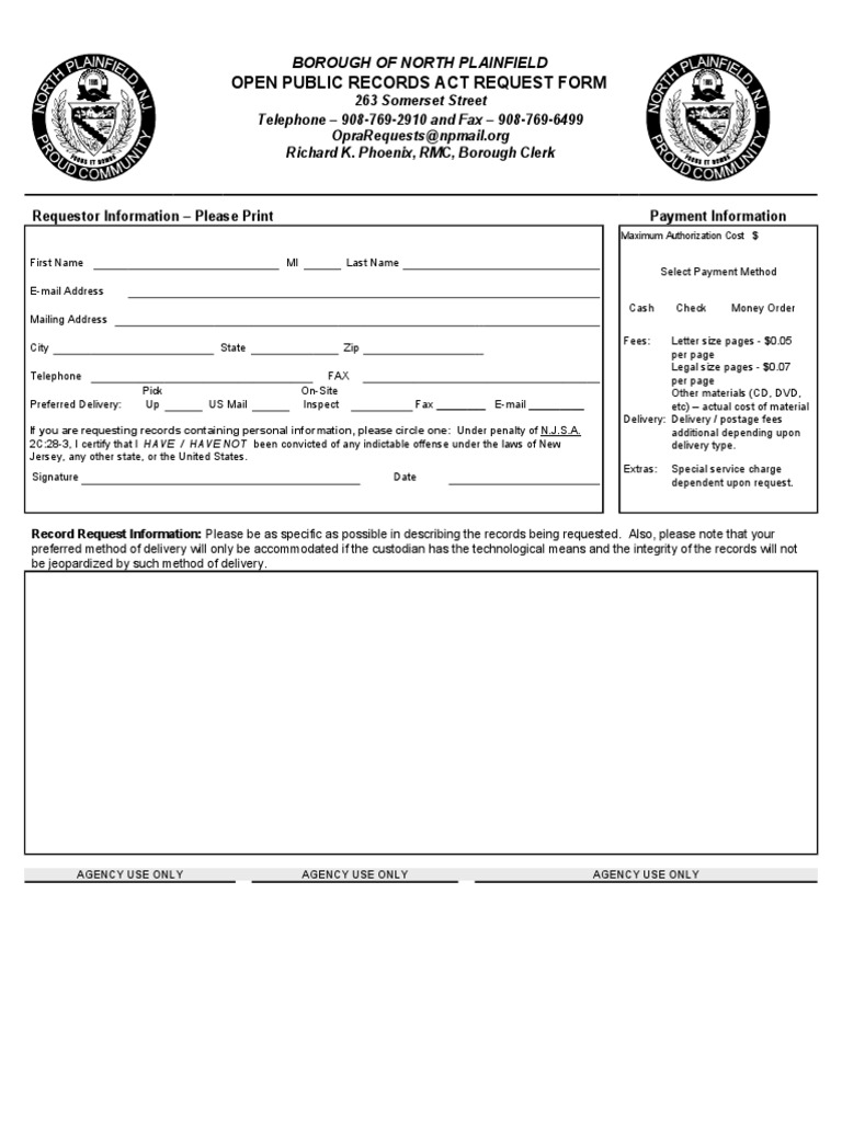 OPRA Request Form for North Plainfield | PDF | Discovery (Law ...