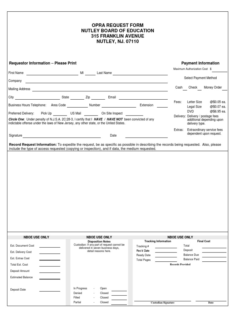 Nutley OPRA Request Form | Mail | Fee