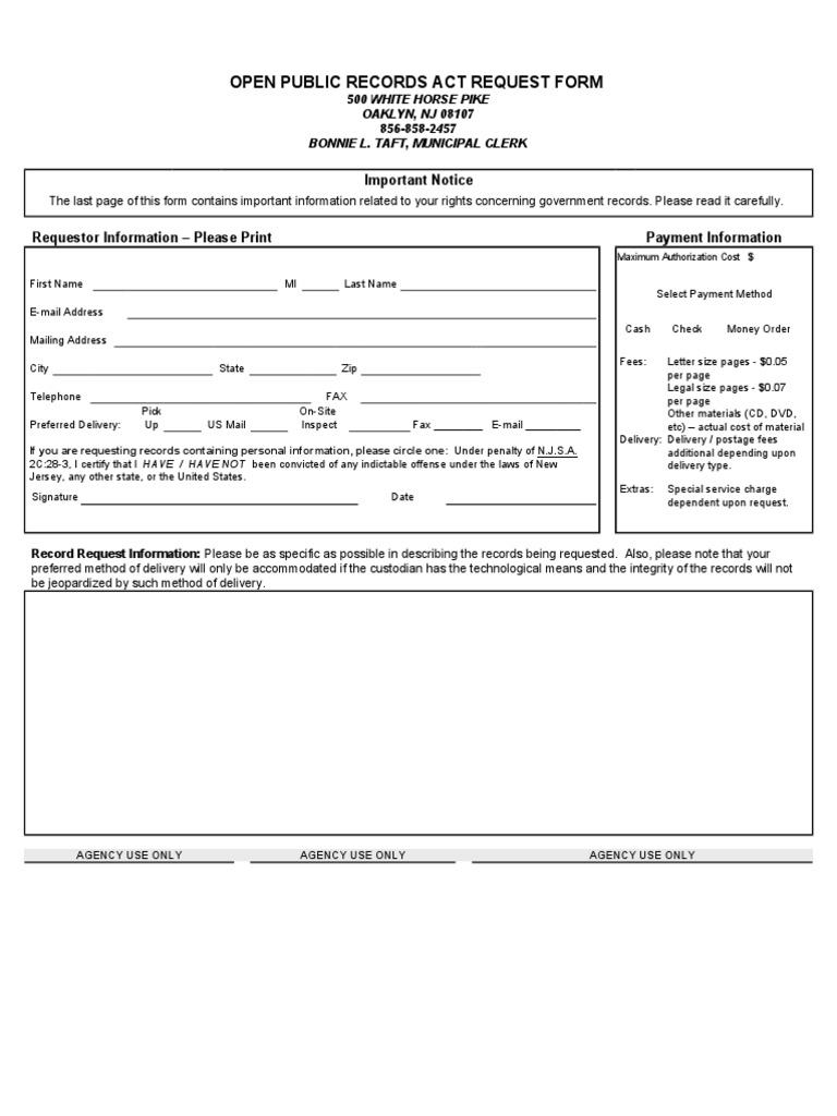 Oaklyn OPRA Request Form | PDF