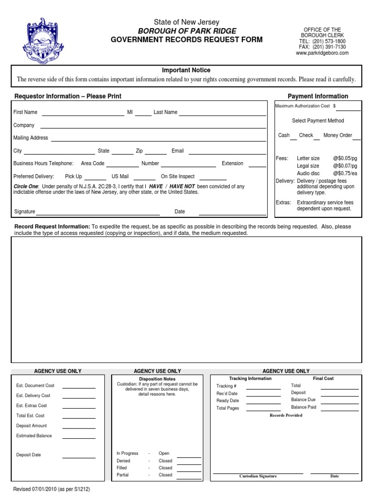 Park Ridge OPRA Request Form | Download Free PDF | Mail | Cheque
