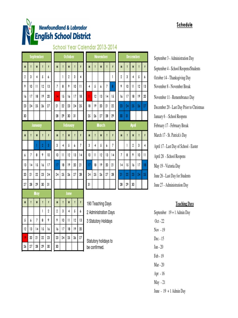2013-2014 School Year Calendar | PDF