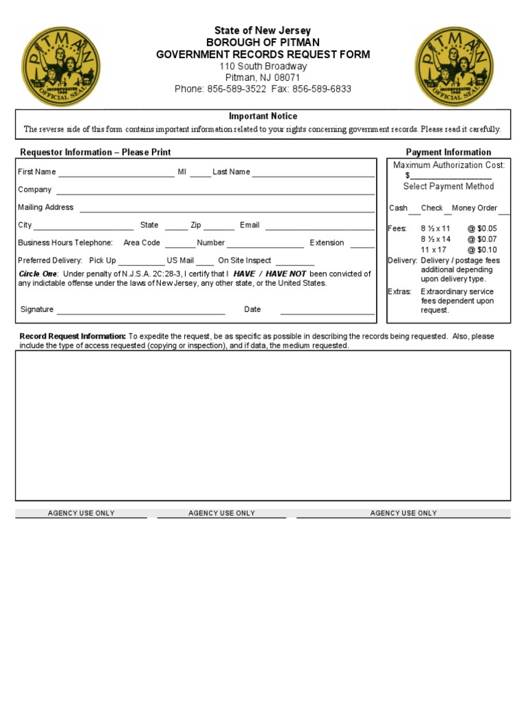 Pitman OPRA Request Form | Download Free PDF | Mail | Fee