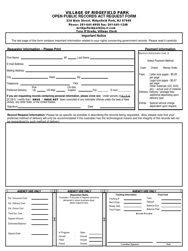 Ridgefield Park OPRA Request Form | PDF | Discovery (Law) | Computer ...