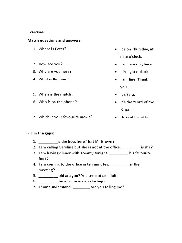 Match Questions and Answers Exercise | PDF