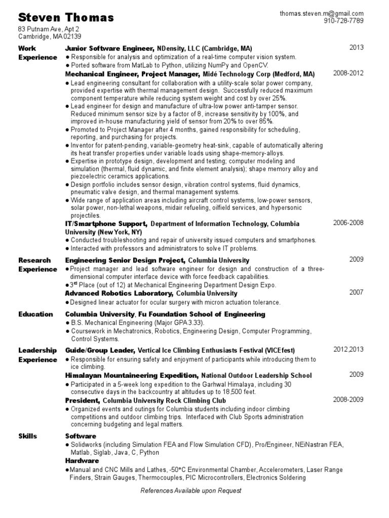 Steven Thomas Resume | PDF | Robotics | Mechanical Engineering