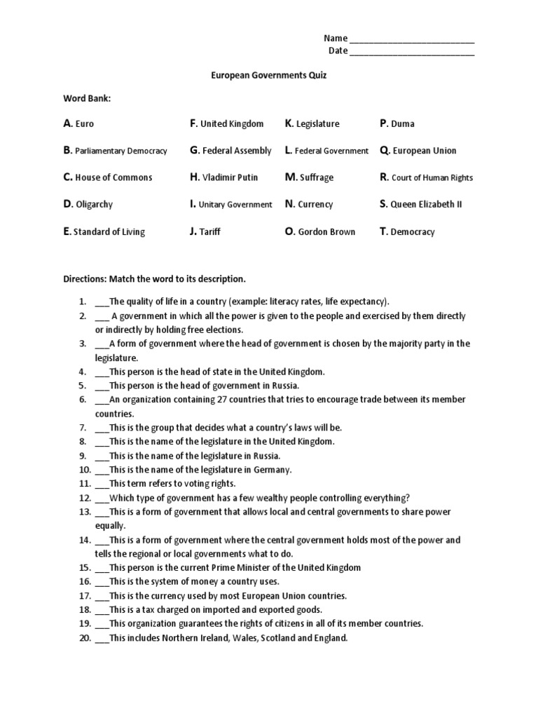 European Governments Quiz Worksheet | PDF | Finance & Money Management