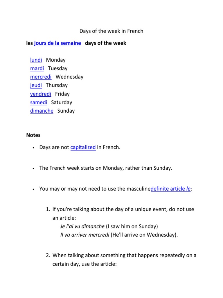 Days of the Week in French | PDF