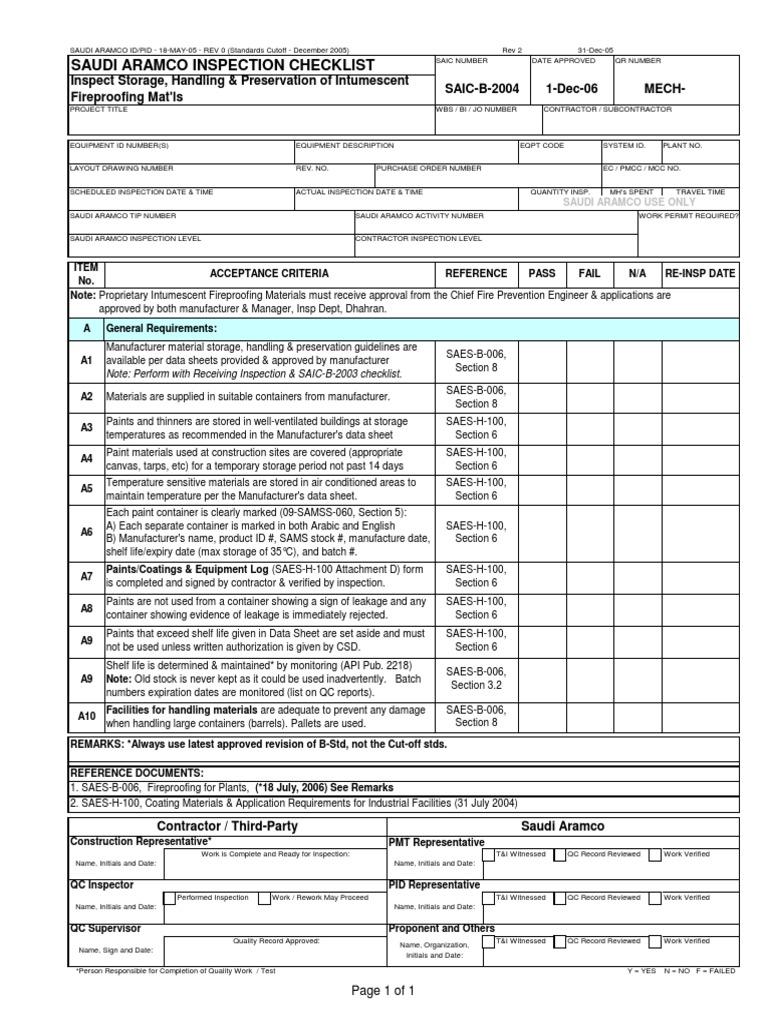 Saudi Aramco Inspection Checklist | PDF | Shelf Life | Specification ...