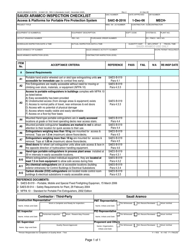 Saudi Aramco Inspection Checklist: 1-Dec-06 Mech-Access & Platforms for ...