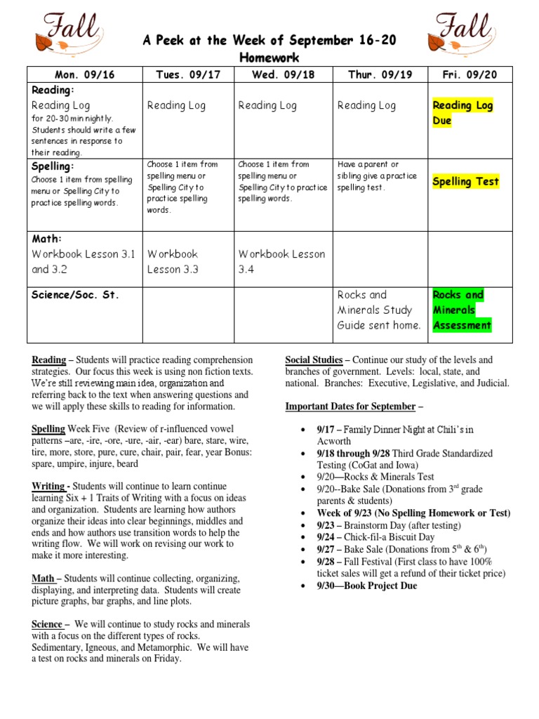 Weekly Homework Overview: Sept 16-20 | PDF | Reading (Process) | Rock ...