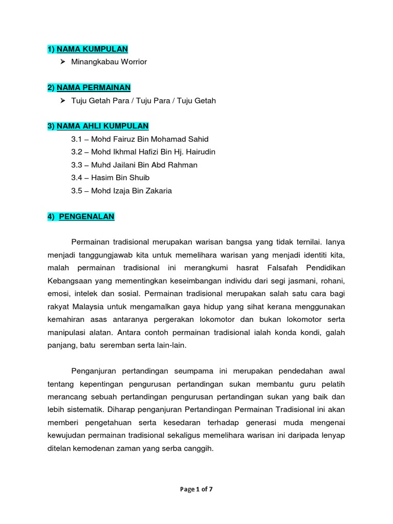 Permainan Tradisional Tuju Getah para (Kumpulan Minangkabau) | PDF