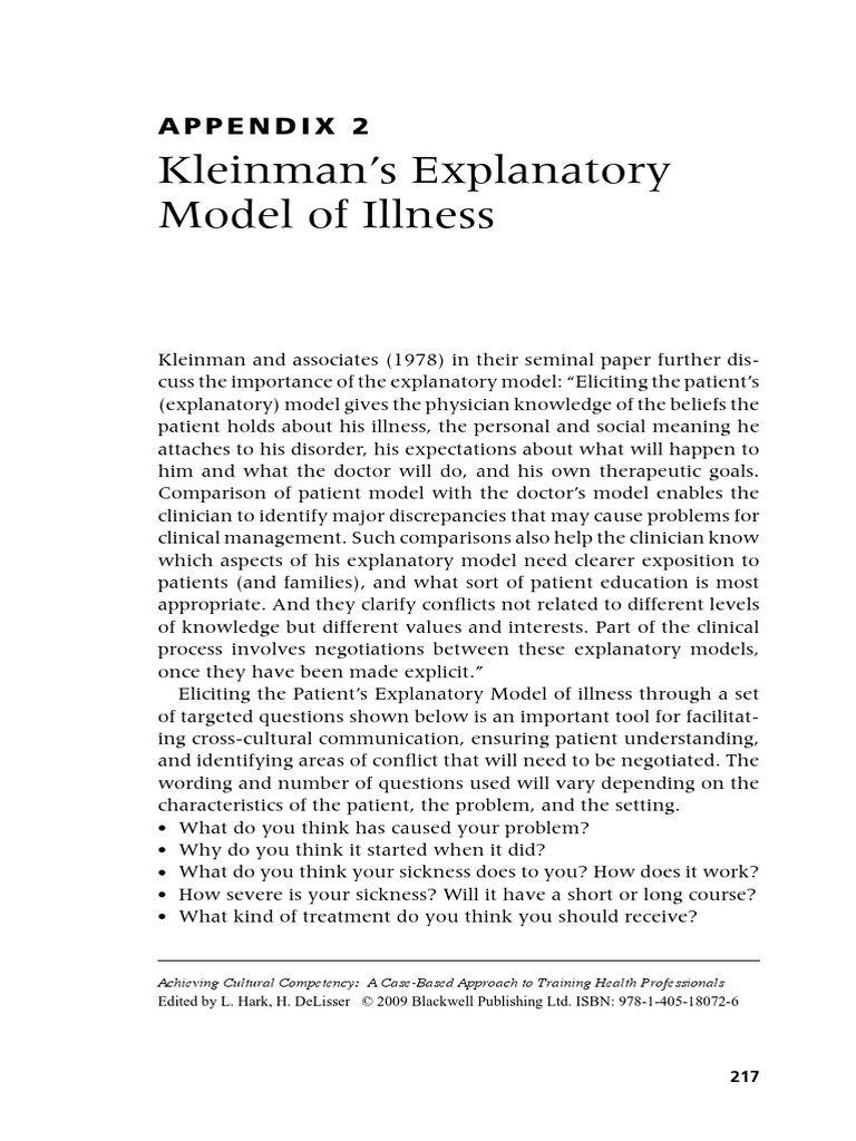 01.kleinman's Explanatory Model | PDF | Patient | Psychological Concepts