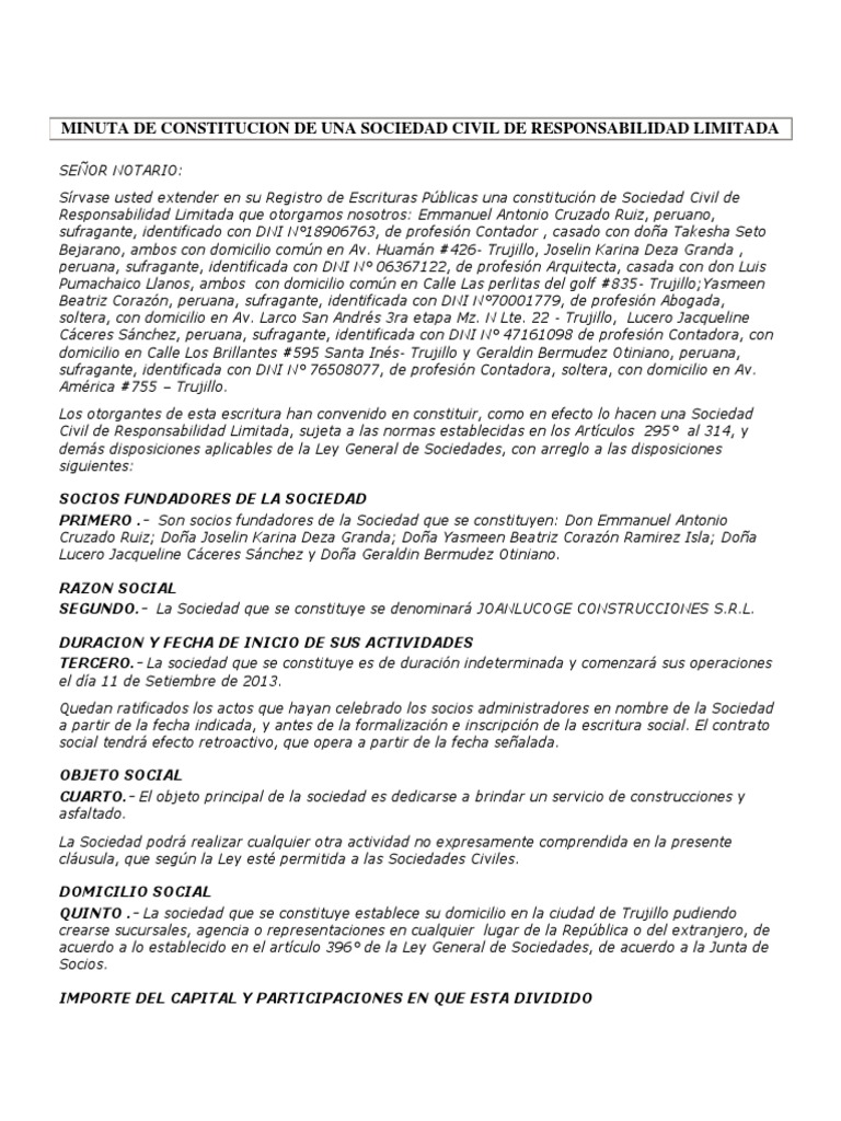 Minuta de Constitucion de Una Sociedad Civil de Responsabilidad Limitada | PDF | Sociedad de ...