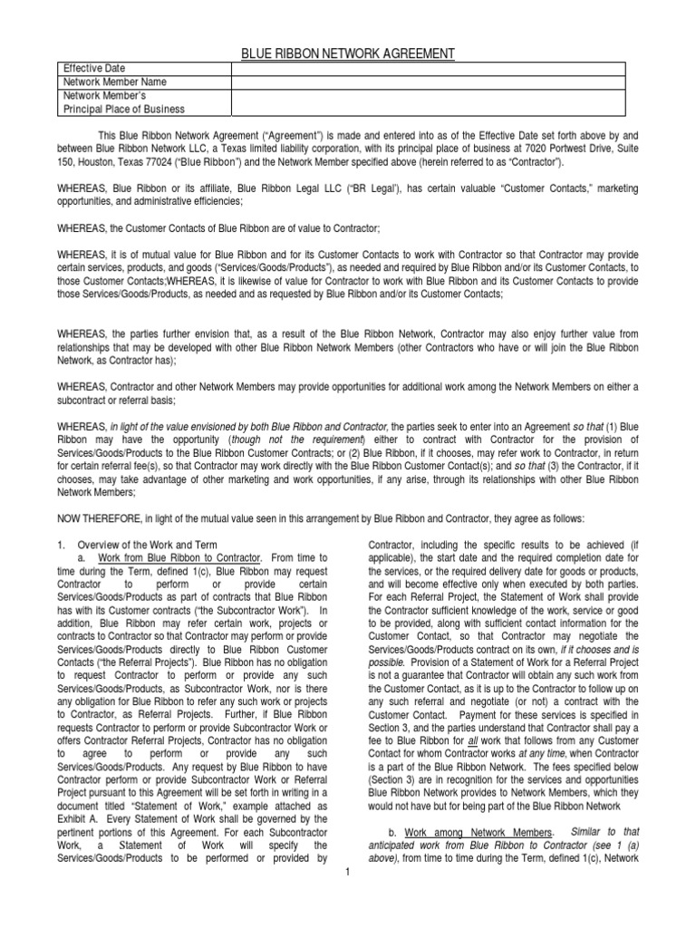 Blue Ribbon Network Agreement Overview | PDF | Indemnity | Damages
