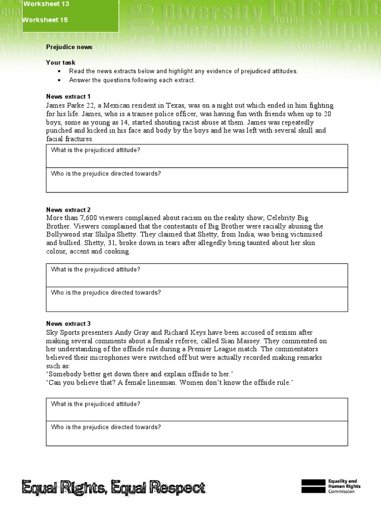 Worksheet15 Prejudice News | PDF