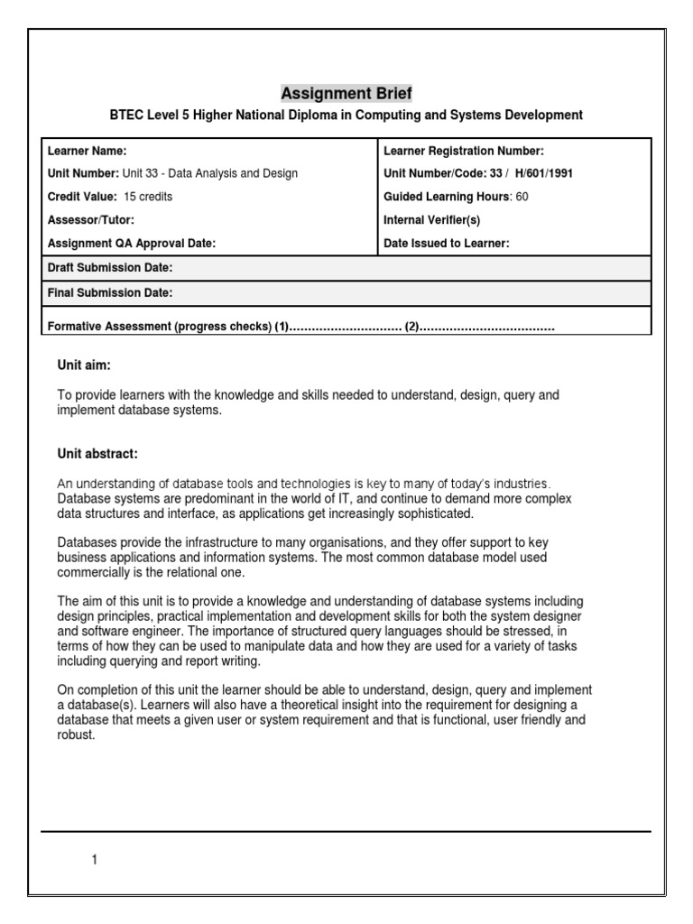 Unit 33: Data Analysis and Design Assignment Brief | PDF | Databases ... Unit 33: Data Analysis and Design Assignment Brief | PDF | Databases ...