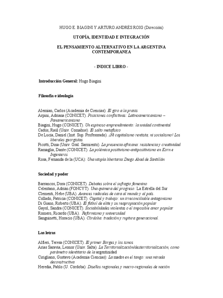 Hugo Biagini A A Roig Eds El Pensamiento Alternativo en La Argentina ...