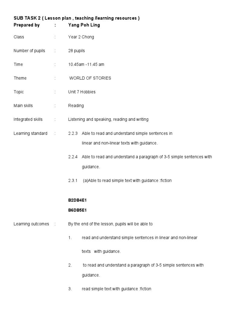 SUB TASK 2 Lesson Plan Reading | PDF | Lesson Plan | Semiotics