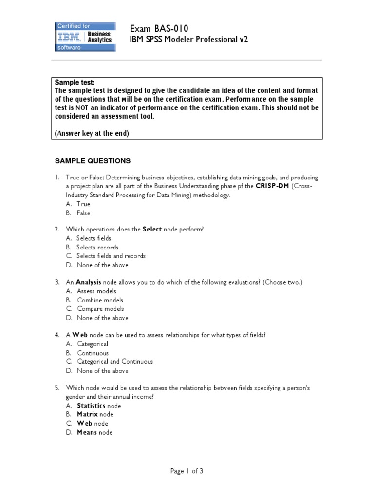 IBM SPSS Modeler BAS-010 Sample Exam | PDF | Principal Component ...