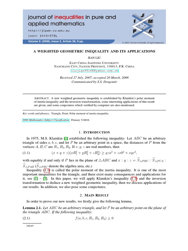 A Weighted Geometric Inequality and Its Applications | PDF