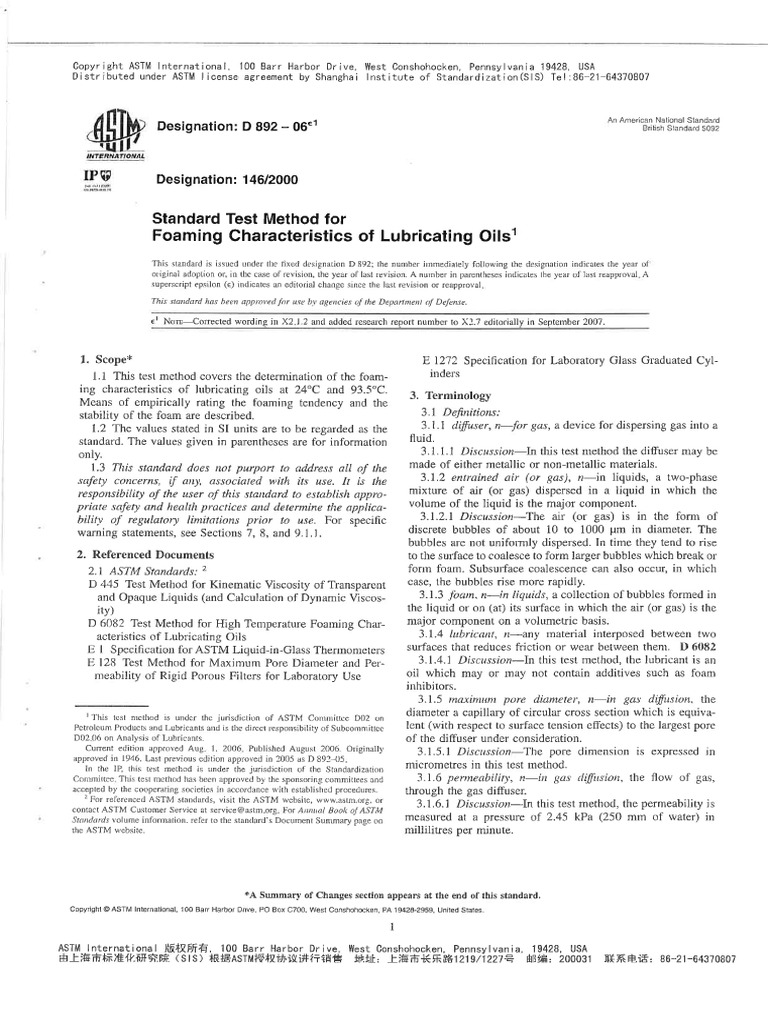 Astm D 892-06 | PDF