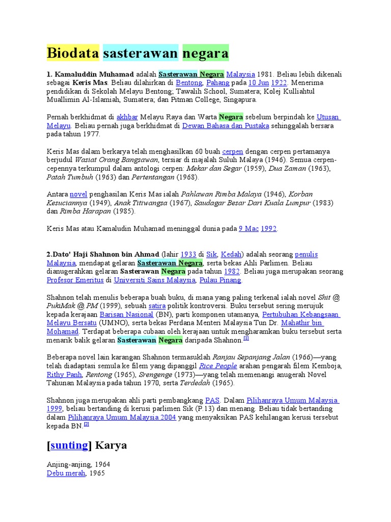 Biodata Sasterawan Negara | PDF
